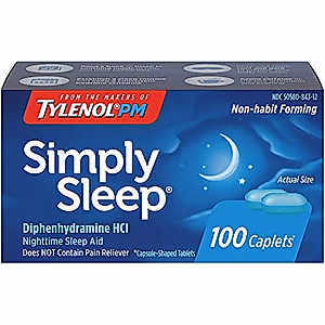Tylenol Simply Sleep Nighttime Sleep Aid Caplets with 25 mg of Diphenhydramine HCl, Non-Habit Forming Sleep Aid for Adults, 100 ct