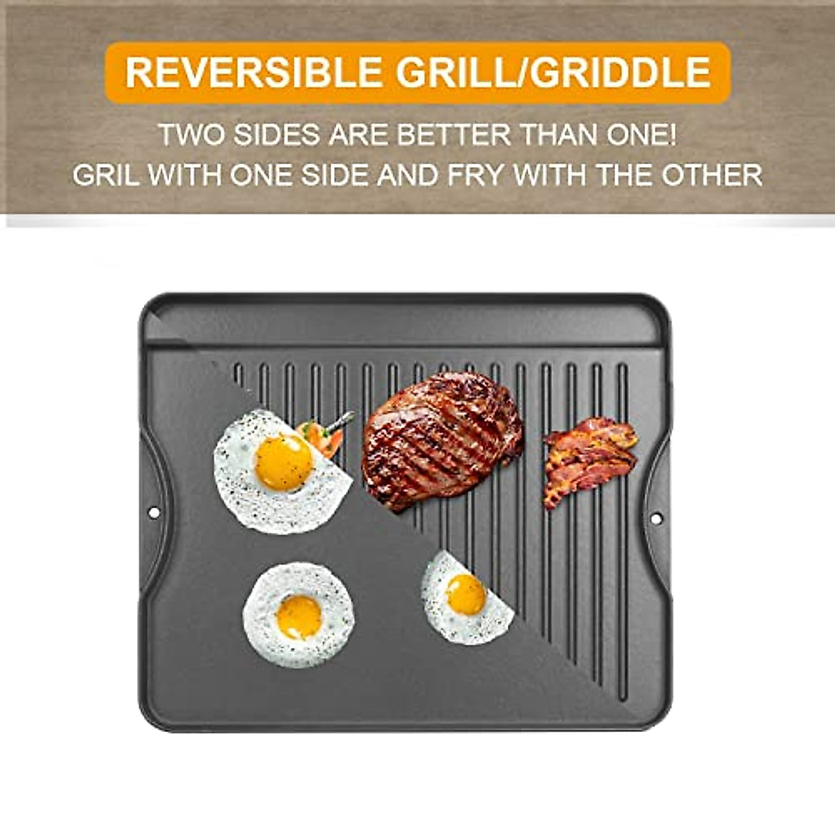 2-in-1 Reversible 14” x 16” Pre-Seasoned Cast Iron Cooking Griddle for Gas Stove/Charcoal/Electric/Propane/Gas Grill, Flat Griddle Top Plate for Camping Tailgating