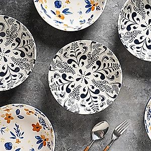 Selamica Ceramic 8-inch Printing Bowls, 30 Ounce Large Pasta Salad Bowls, Wide and Shallow Soup Bowls, Microwave Dishwasher Safe, Set of 4, Blue Floral.