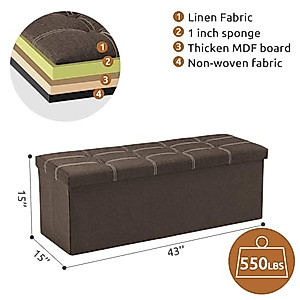 YOUDENOVA 43 Inches Folding Storage Ottoman Bench, Storage Chest Foot Rest Stool with Wooden Divider, Bed End Bench with 120L Large Storage Space, Linen Fabric Brown