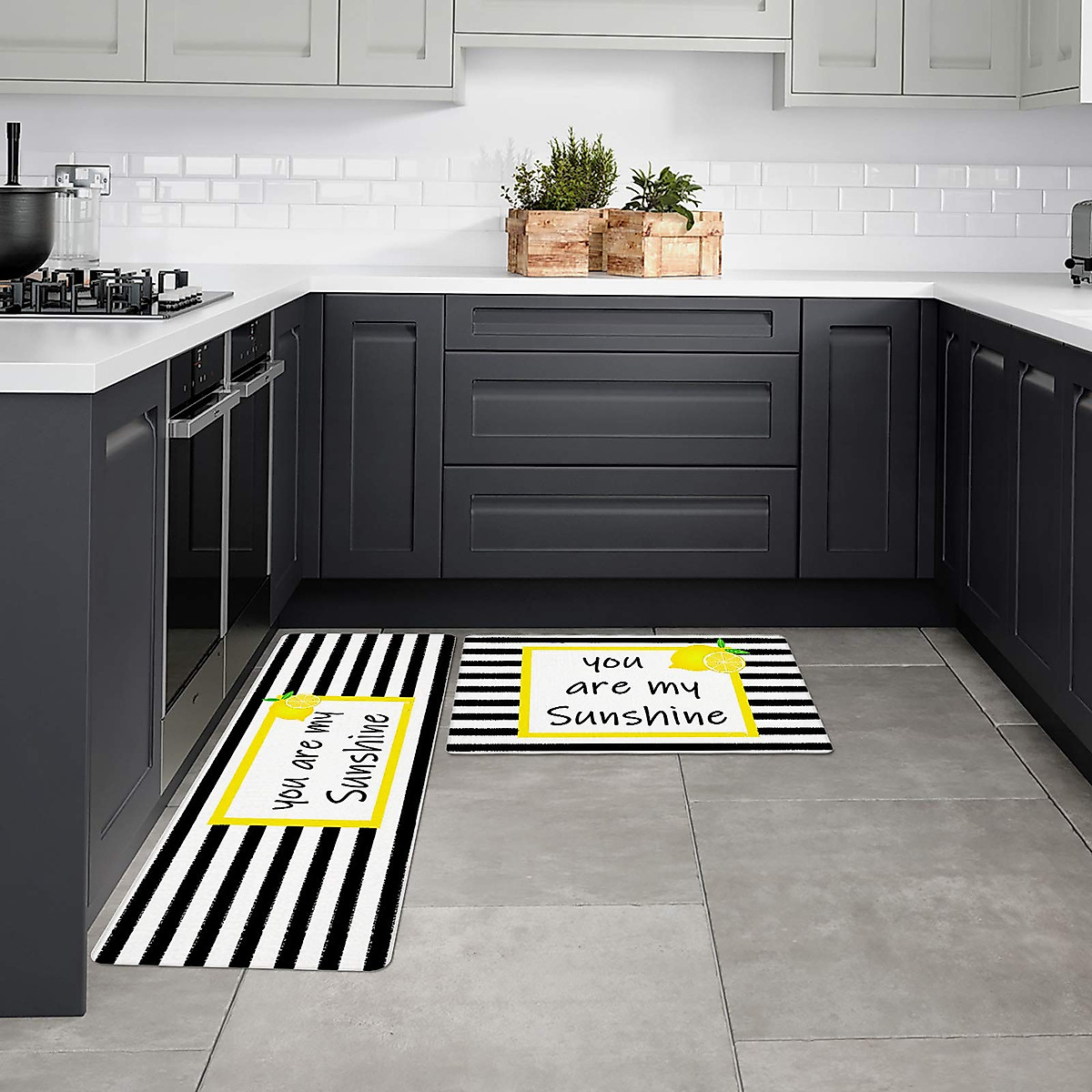Lemon Kitchen Rugs Set 2 Piece 15.7x23.6in+15.7x47.2in, Non-Slip Kitchen Mats Set Rubber Backing Indoor Entry Door Mat Carpets - Summer Fresh Fruit Yellow Border Black and White Stripes
