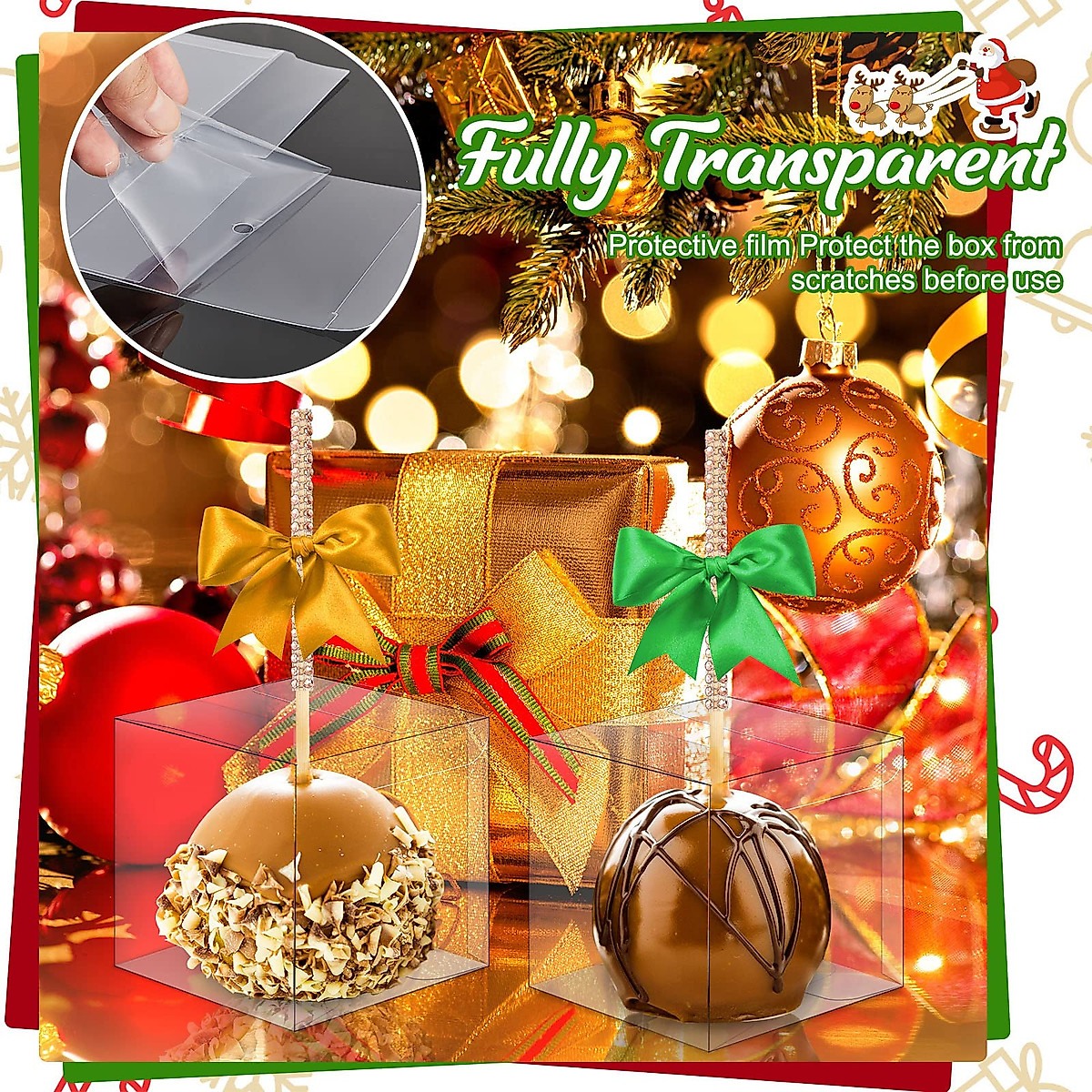 200 Pcs Candy Apple Boxes Clear Apple Boxes with Hole 4 x 4 x 4 Inch Gift Box Transparent Caramel Apple Boxes Plastic Wrapping Containers for Cookies Chocolate Wedding Thanksgiving Autumn Party Favor
