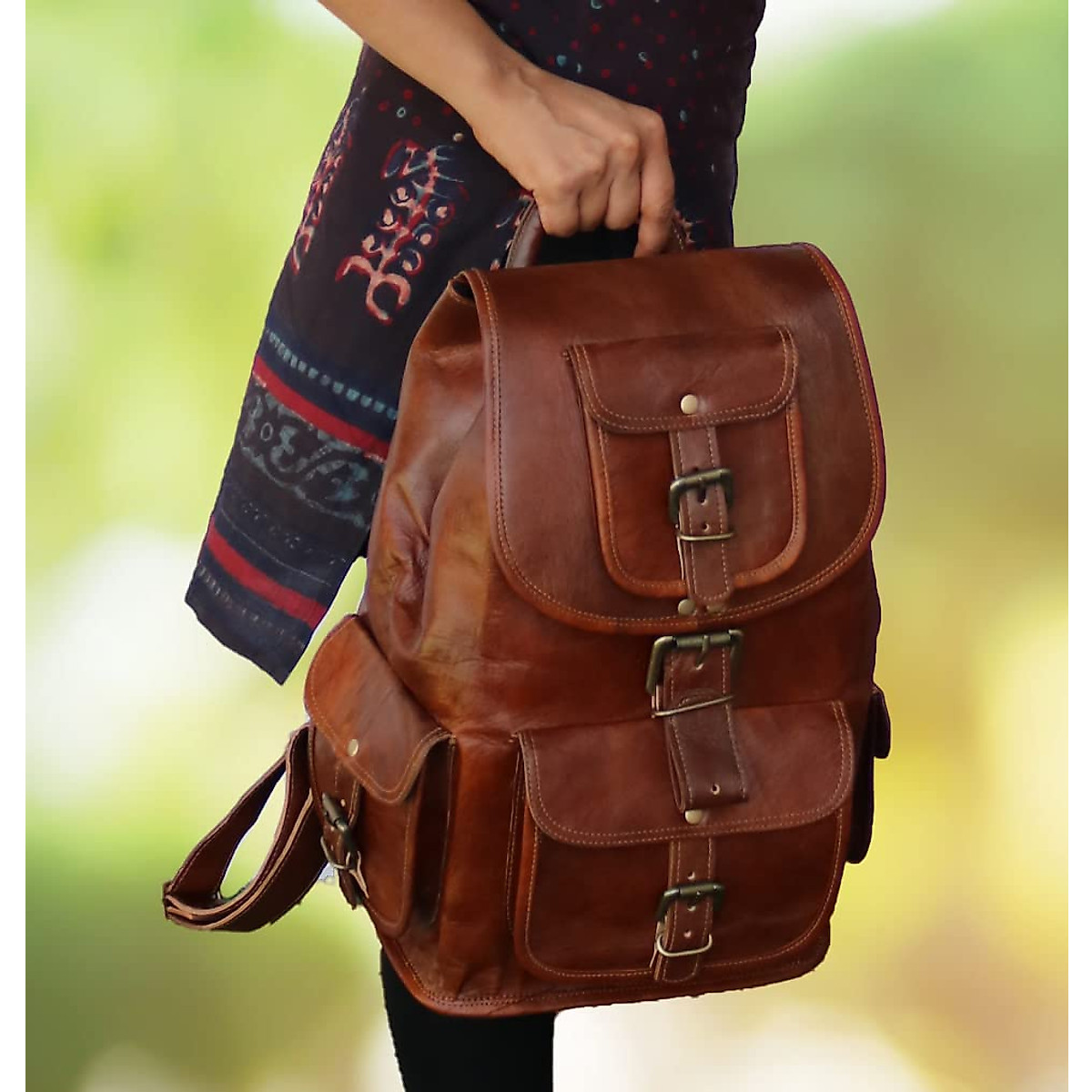 jaald 18" Brown Leather Backpack Vintage Rucksack Laptop Bag Water Resistant Casual Daypack College Bookbag Comfortable Lightweight Travel Hiking/Picnic for Men