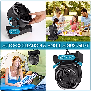 KITWLEMEN 20000mAh Camping Fan with LED Light, Auto-Oscillating Desk Fan with Remote & Hanging Hook, Rechargeable Battery Operated Tent Fan, 4 Timers USB Fan for Camping Jobsite Hurricane Emergency