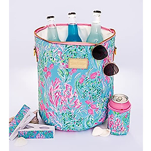 Lilly Pulitzer Water Resistant Vinyl Beach Day Pouch - Includes Drink Hugger, Zip Pouch, and Towel Clips, Best Fishes