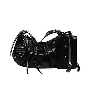 Women Rivet Satchels Handbags Punk Style Motorcycle CrossBody Bags Half Moon Underarm Bags with Coin Purse Hobo Bags (Black)