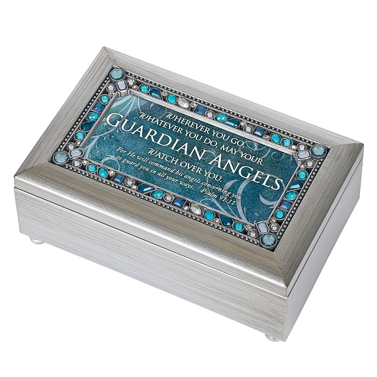 Cottage Garden Guardian Angels Watch Over You Brushed Silvertone Jewelry Music Box Plays Amazing Grace