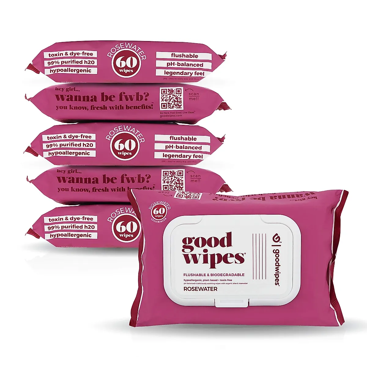 Goodwipes Flushable Butt Wipes Made with Vitamin E & Aloe - Soft & Gentle Wet Wipe Dispenser for Home Use, Septic & Sewer Safe - Largest Adult Toilet Towelettes - Rosewater, 360 Count (6 Packs)