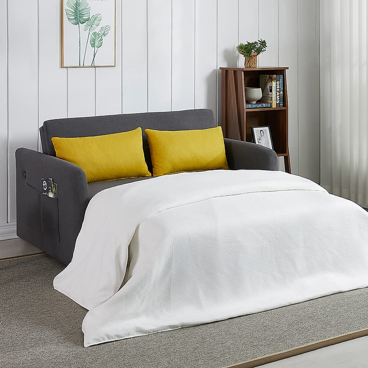 HABITRIO Modern 55.5" Pull Out Sleep Sofa Bed 2 Seater Loveseats Sofa Couch with Adjsutable Backrest,USB Port Charging and 2 Lumbar Pillows for Apartment Office Living Room