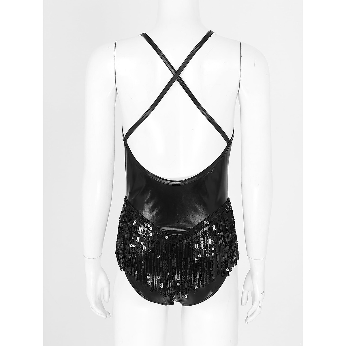 WinChang Womens Mesh Splice Sequin Leotard with Fringe for Latin Dance Gymnastics Bodysuit Black A Small