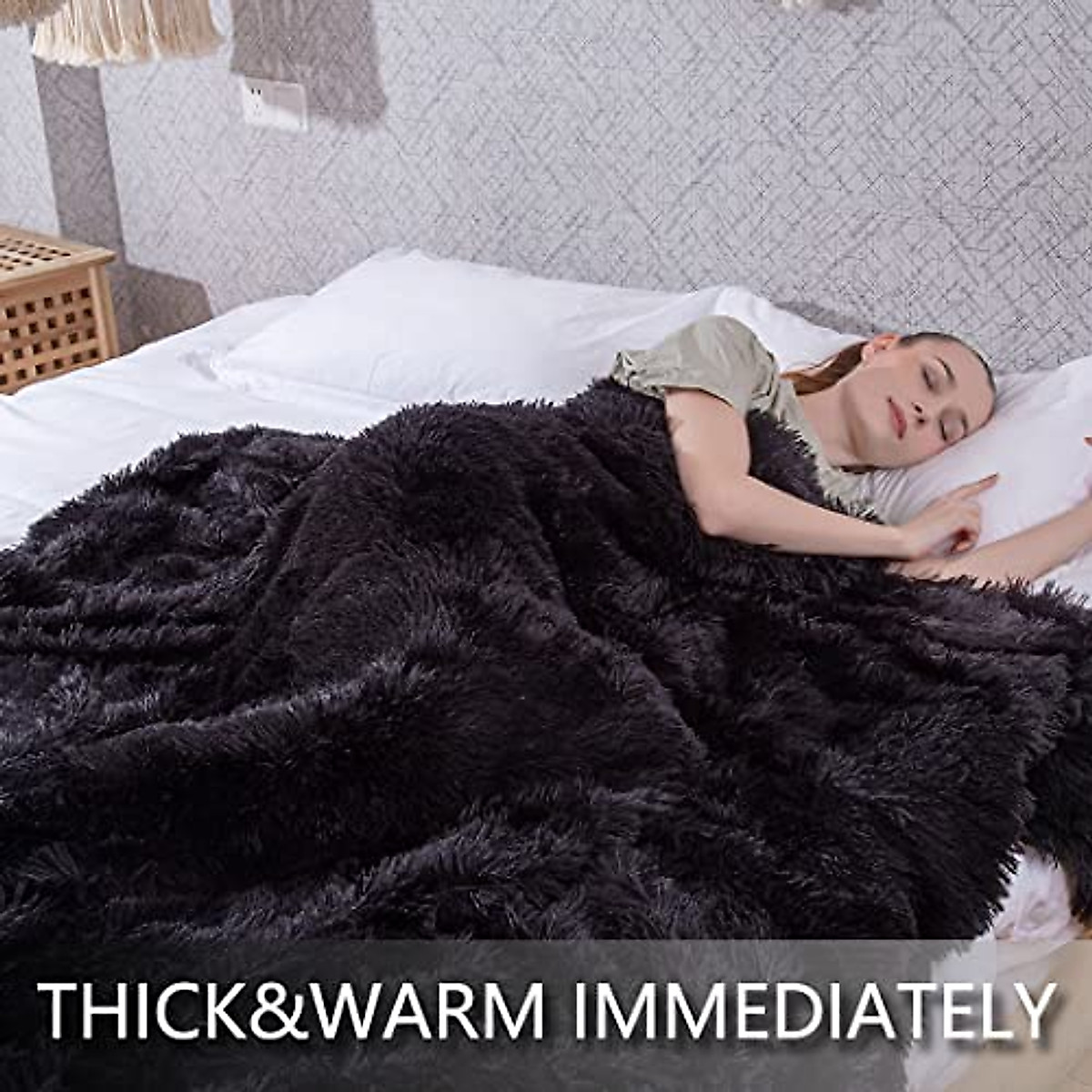 YUSOKI Black Faux Fur Throw Blanket,2 Layers,50" x 60", Soft Fuzzy Fluffy Plush Furry Comfy Warm Cozy Blanket for Couch Bed Chair Sofa Bedroom Mens Gift