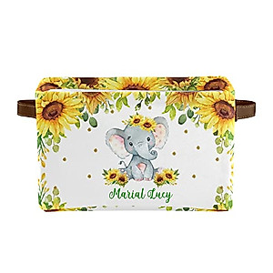 Cute Elephant Sunflower Personalized Storage Bins Basket Cubic Organizer with Durable Handle for Shelves Wardrobe Nursery Toy 1 Pack