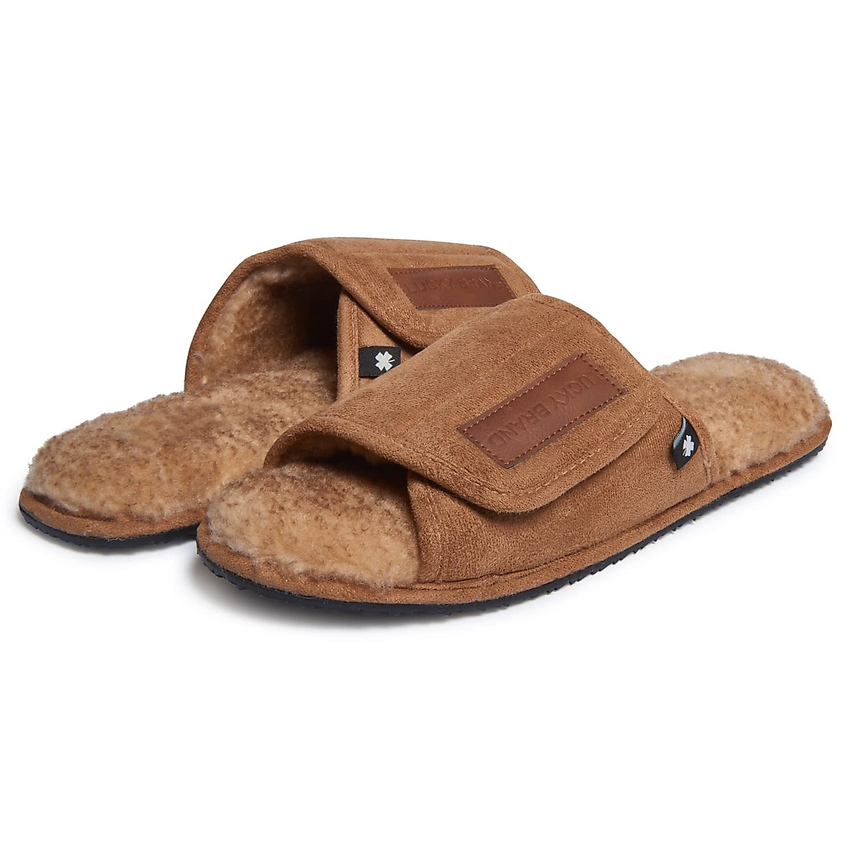 Lucky Brand Mens Microsuede Memory Foam Open Toe Sherpa Slippers, Non Slip Warm Fluffy Fuzzy Indoor House Sliders for Men, Tan, Medium