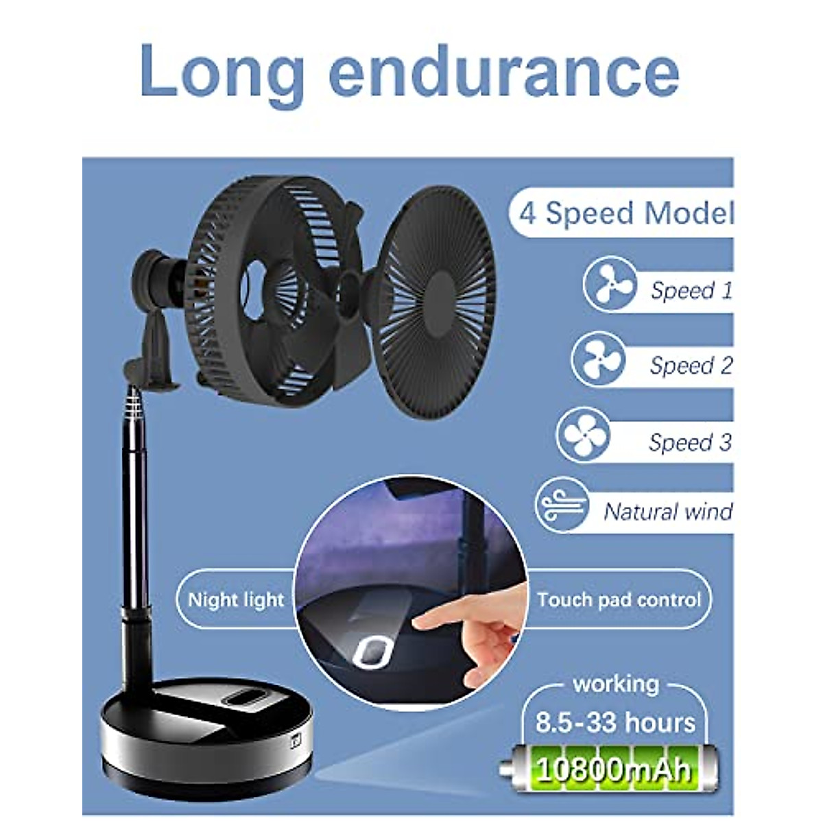 Foldable Fan Foldaway Oscillating with Remote Control, 10800mAh Battery Operated Fan, Portable Standing for Outdoor, Courtyard, Beach,Travel, Room,4 Speeds, with Timer night light (Black)