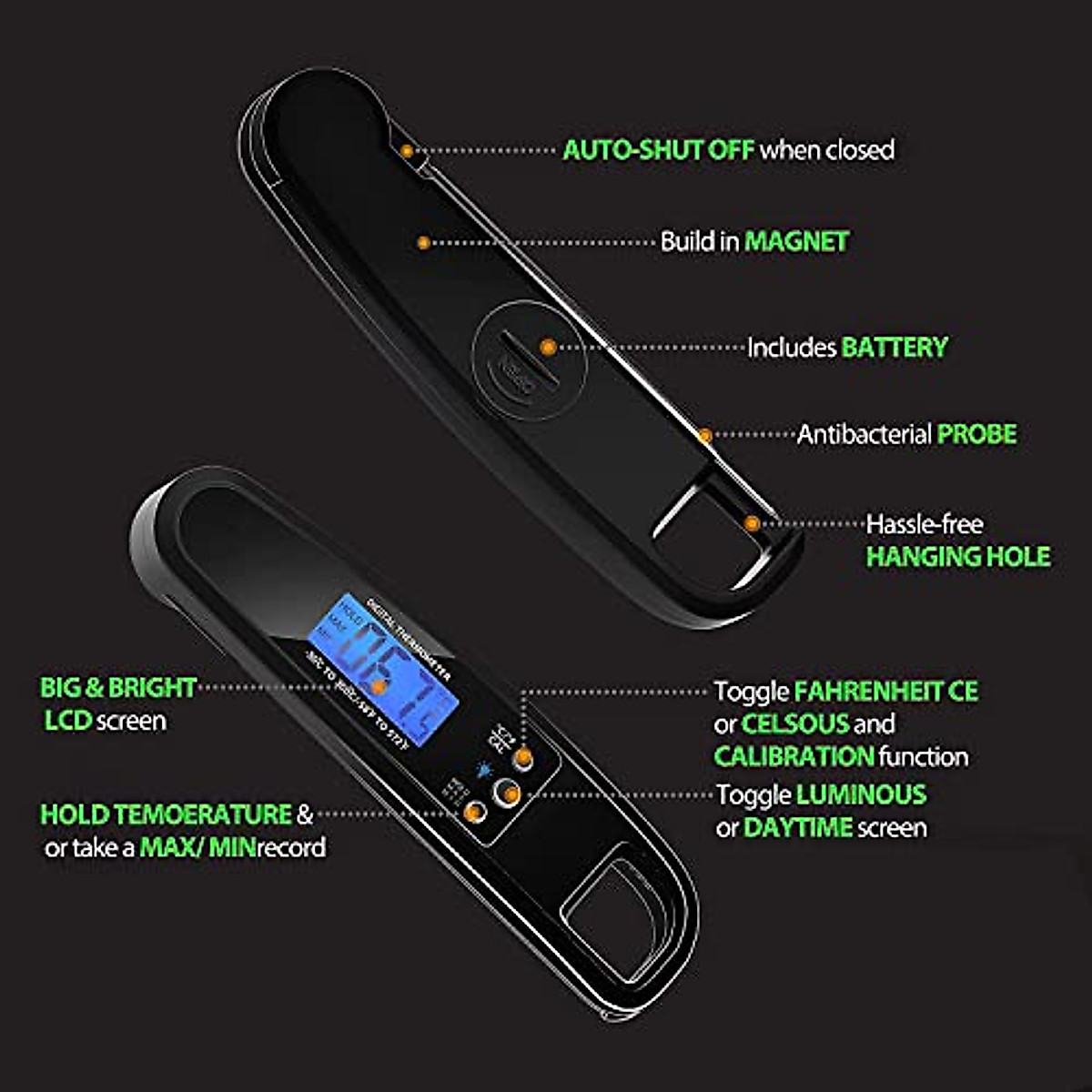 Hoseili Instant Read Meat Thermometer for Grill and Cooking. Best Waterproof Ultra Fast Thermometer with Backlight & Calibration. Digital Food Probe for Kitchen, Outdoor Grilling and BBQ,wen1
