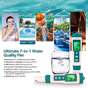 RAINLEOTI PH and TDS Meter, 7-in-1 Digital pH Tester for Water, PH/TDS/EC/SG/ORP/Salt/Temp