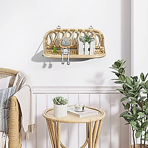 Mazjoaru Wall Shelves Rattan Shelf 16.5inch Handmade Boho Wall Decor Floating Rustic Decor for Bathroom Nursery Bedroom, Wall Mounted Natrual Rattan and Wood Storage Hanging Shelves