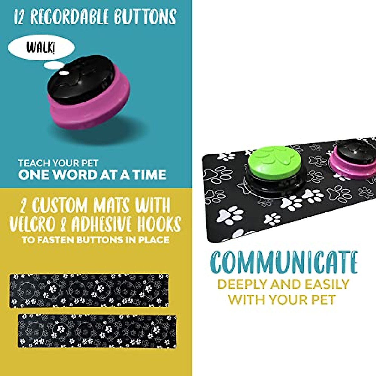 Kilab Talking Dog Buttons– Pack of 12 Recordable Dog Communication Buttons with 2 Mats | Talking Buttons for Dogs & Cats | Talking Dog Button for Communication with 30 Stickers (12 Pack)