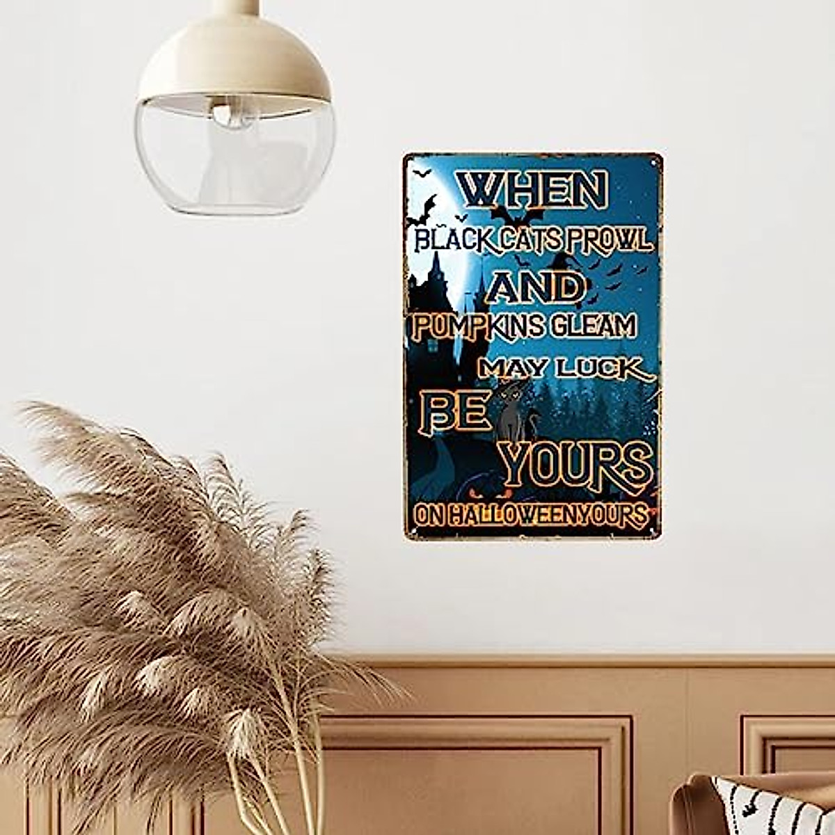 OMMIIY Decor 8''x12'' May Luck Be Yours On Halloween Cat Witch Pumpkin Tin Sign Retro Style Miller Beer Bar Den Halloween Painting Metal