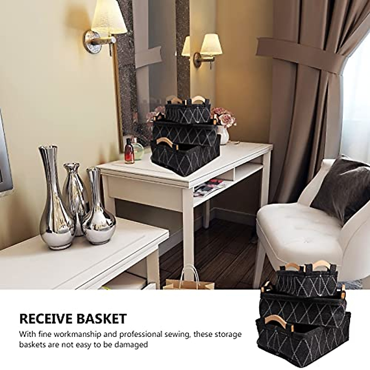 Hemoton Drawer Storage Bins 3 Pcs Modern Storage Baskets Felt Collapsible Baskets Storage Bins with Wood Handle for Cables Make Up Hair Supplies Fabric Drawers Wicker Storage Basket