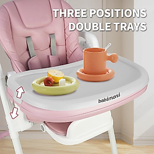 babimoni Baby High Chair, High Chairs for Babies and Toddlers, Adjustable, Foldable and Portable High Chair, Removable PU Leather and Tray for Easy Clean, Travel Feeding Chair, Pink