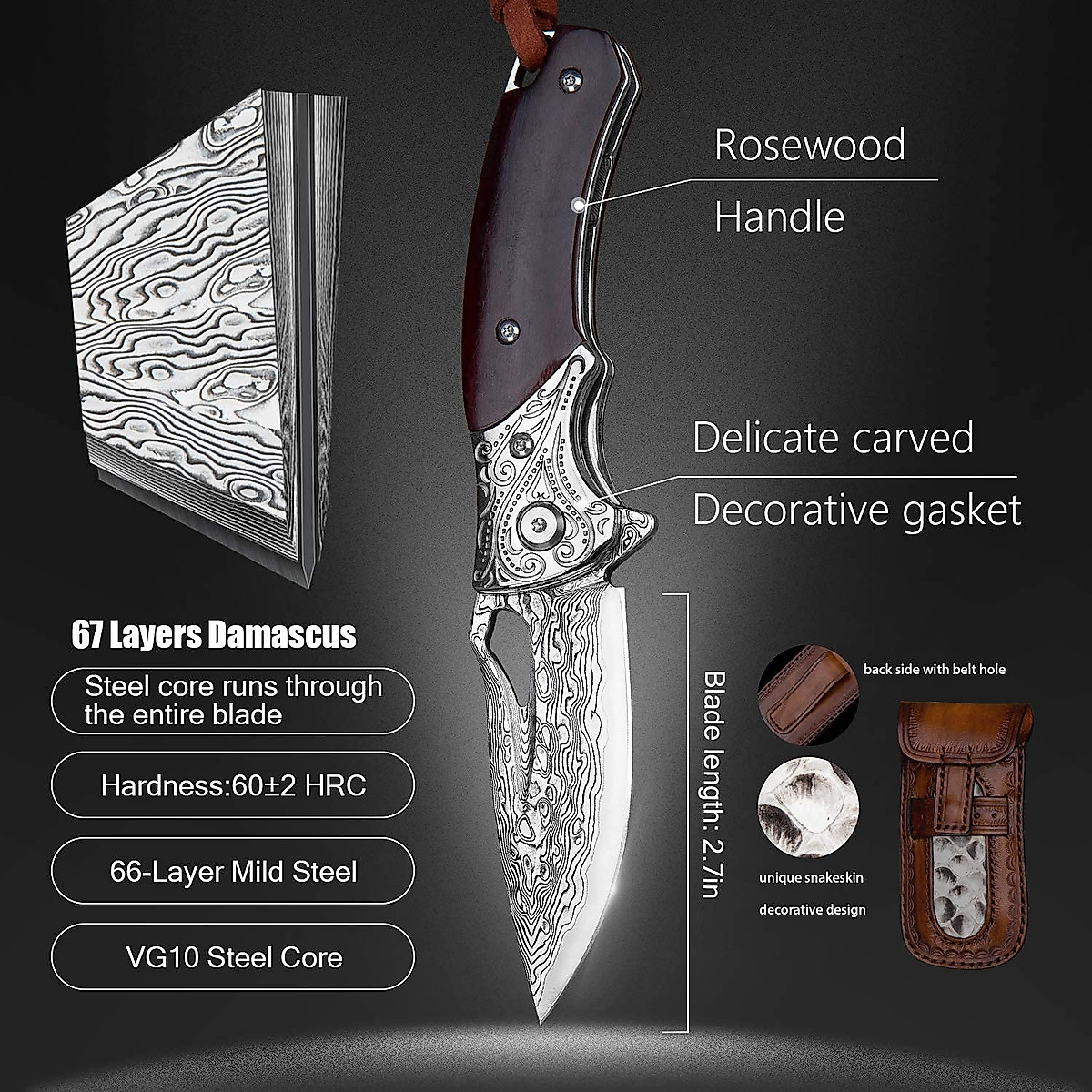 SPIRIT DEED outdoor folding pocket knives with sheath,handmade japanese vg10 damascus steel,rosewood handle,pocket clip for carving camping paring