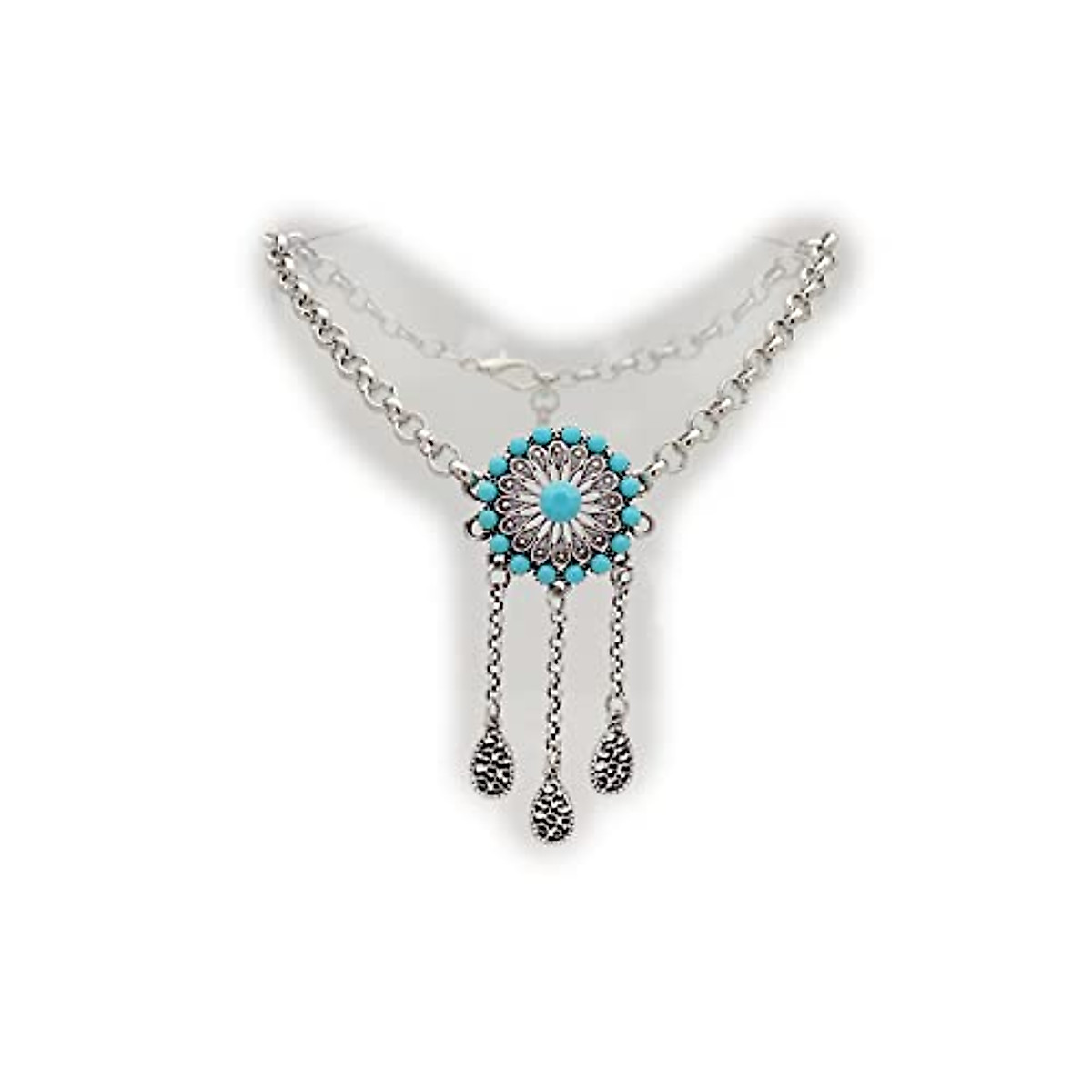 Women Western Fashion Jewelry Boot Bracelet Silver Metal Chain Shoe Anklet Turquoise Blue Beads Flower