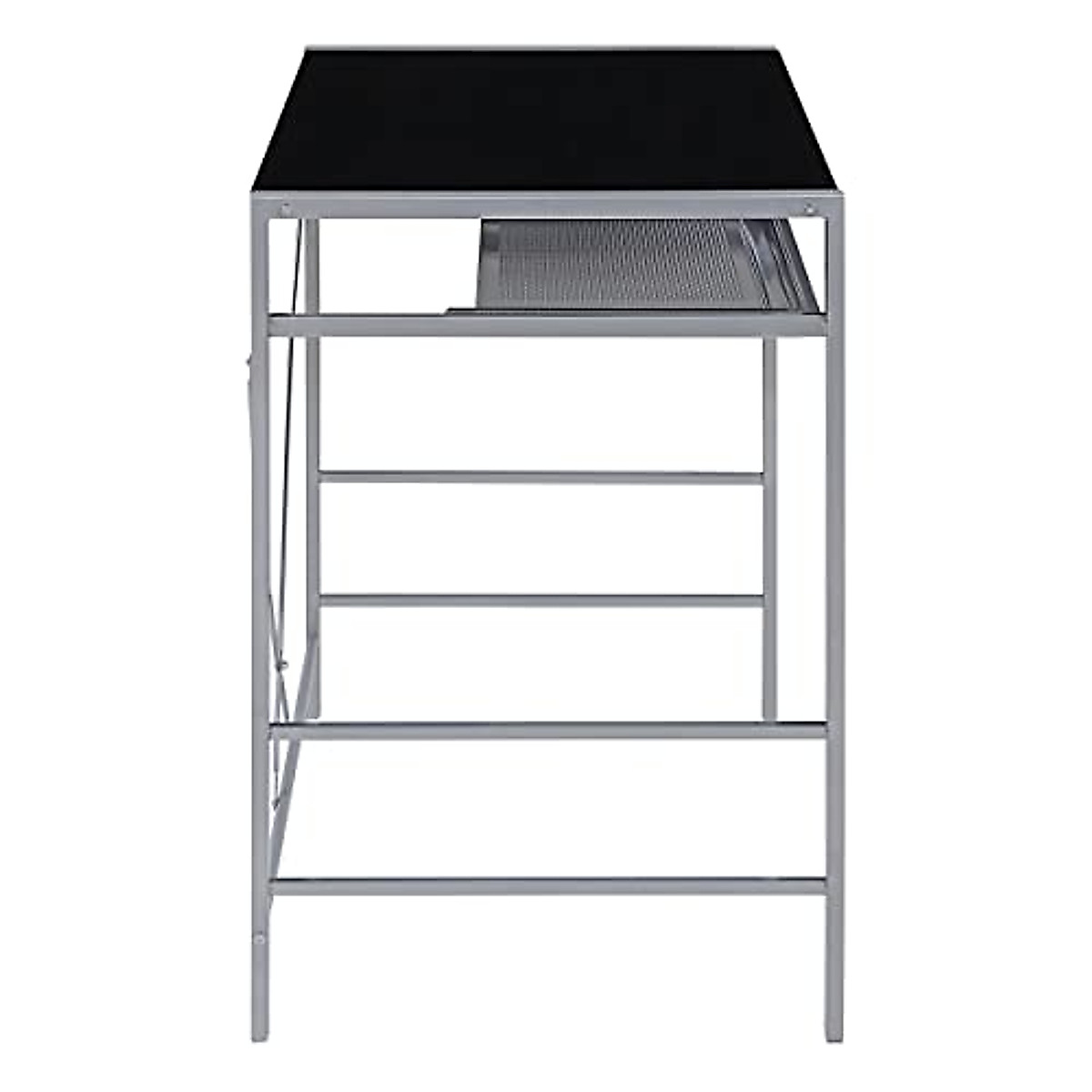 OSP Home Furnishings Zephyr Computer Desk with Keyboard Shelf and Tempered Glass Top, Black Glass and Silver Frame