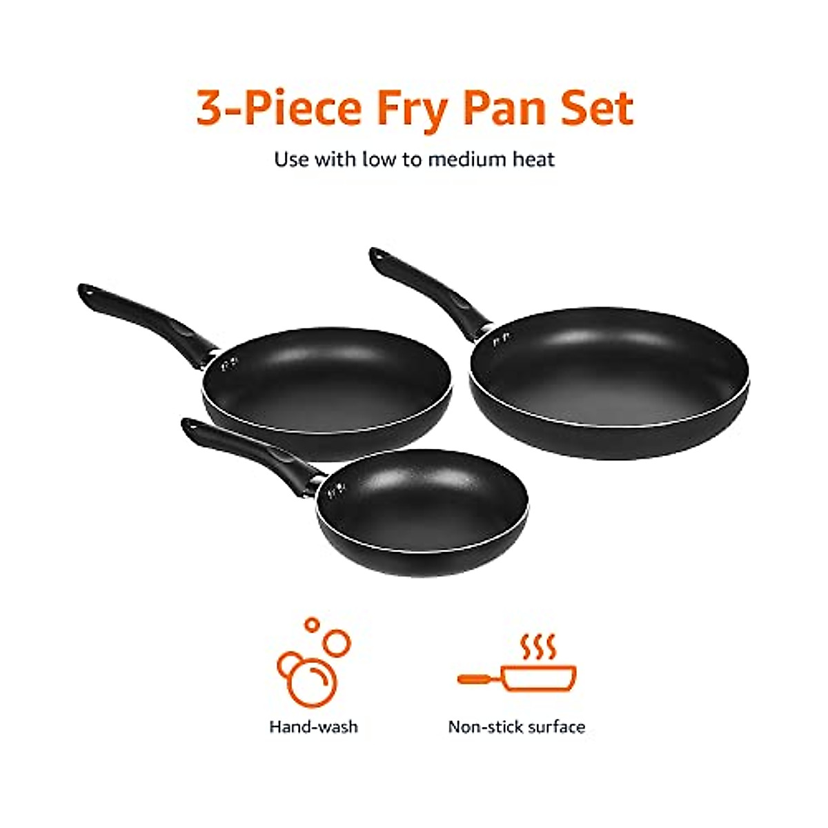 Amazon Basics 3-Piece Non-Stick Frying Pan Set - 8 Inch, 10 Inch & 12 Inch, Black