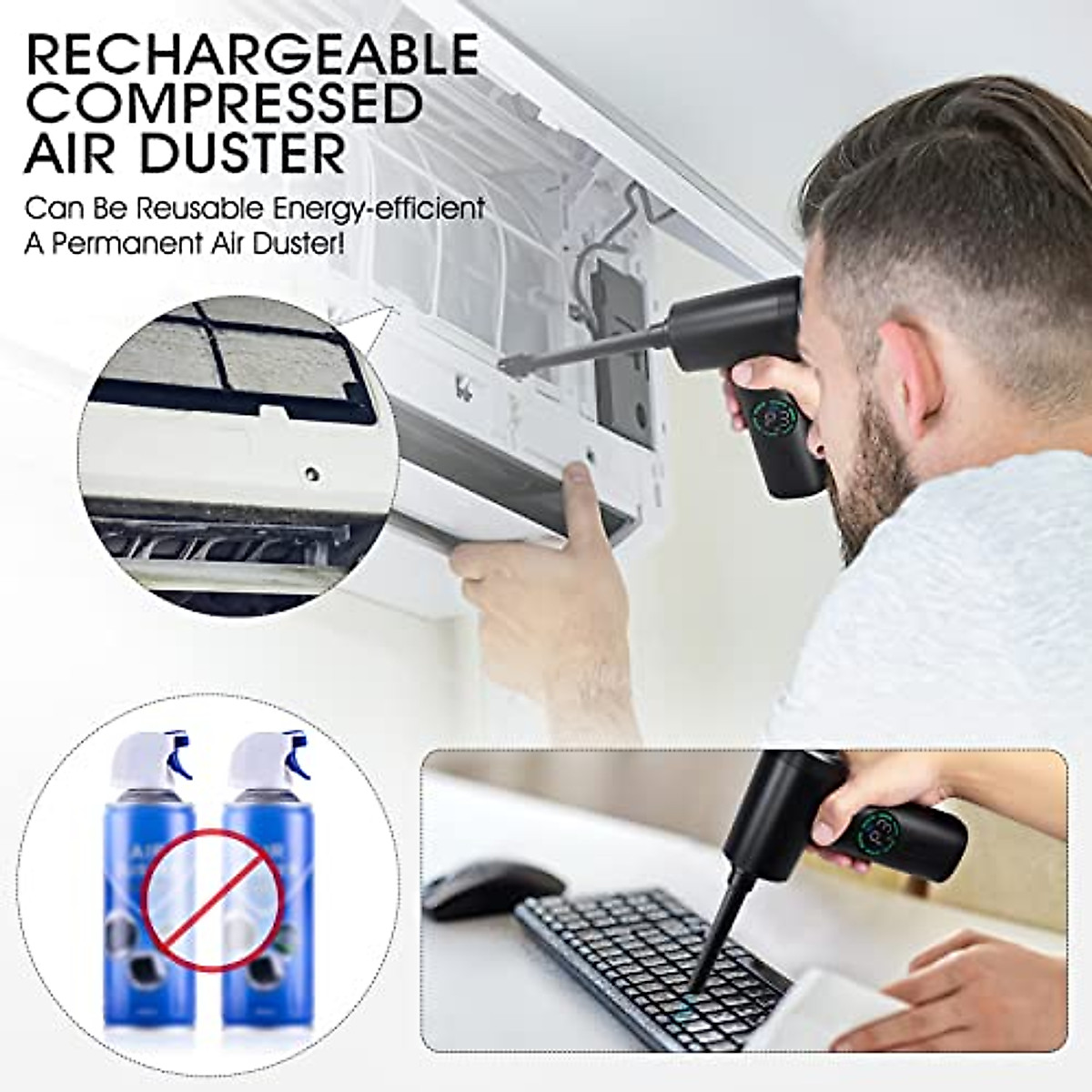 Compressed Air Duster, 100000RPM Electric Air Duster & Vacuum Cleaner 2 in 1 Rechargeable 7600mAh Cordless, Keyboard and Computer Cleaner, Replaces Compressed Air Cans