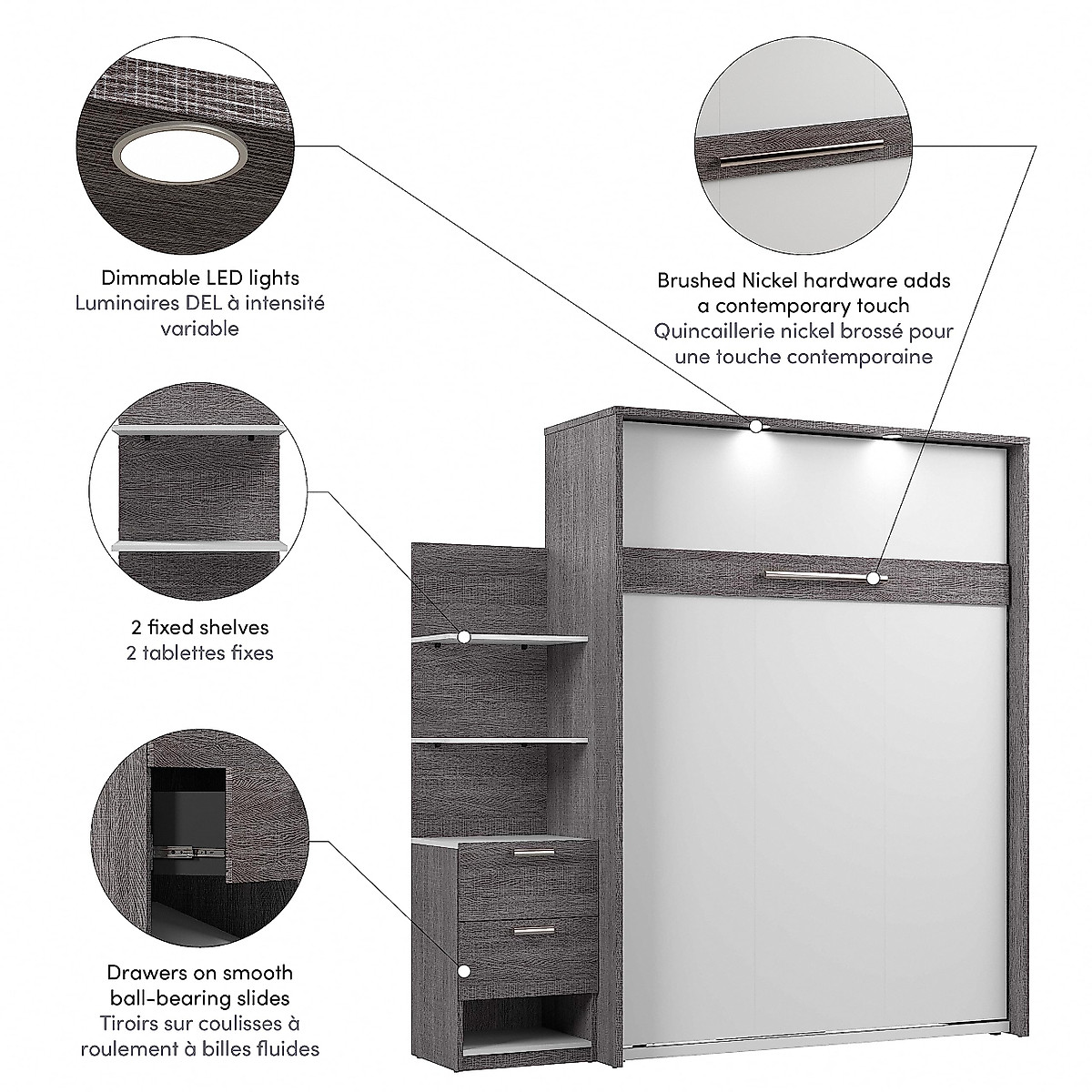 Bestar Cielo Queen Murphy Bed with Nightstand and Floating Shelves (85W) in Bark Gray and White, Sleeping Arrangement for Multipurpose Room
