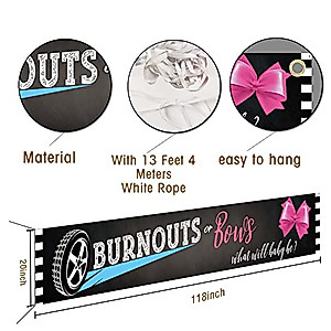 ZDX Burnouts or Bows Gender Reveal Theme Banner With 13 Feet White Rope (118 x 20 inches) Kids Baby Shower Party Banner Decor Photography Backdrops Outdoor & Indoor Hanging Cake Table Supplies Banner