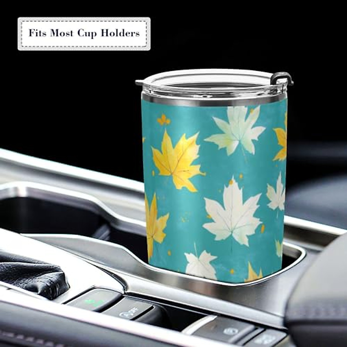 Watercolor White Yellow Maple Leaves Turquoise Stainless Steel reusable coffee cups with lids with Straw Lid coffee mug spill proof for travel simply modern insulated tumbler with lid termos