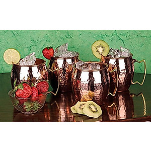Prisha India Craft Set of 4 Moscow Mule Solid Copper Mug 16 OZ - 100% Pure Copper Hammered Lacquered Finish, Cocktail Cup, Copper Mugs, Cocktail Mugs with No Inner Linings