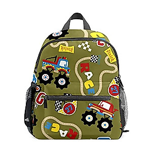 ZXIVGOQFR Schoolbag for Boys Girls Cute Kid's Toddler Backpack Vintage Cartoon Monster Trucks Pattern Children Bag
