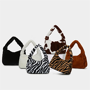 Women Leopard Print Clutch Handbag Plush Faux Fur Tote Bag Soft Warm Shoulder Crossbody Purse (1-cow print White)