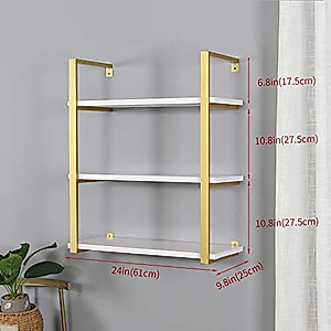 SSS Furniture 3-Tier Modern Rustic Floating Wall Shelves, 24 Inch Industrial Shelving Iron Wall Shelves,White and Gold Farmhouse Wall Bookshelf Mounted for Bedrooms Office