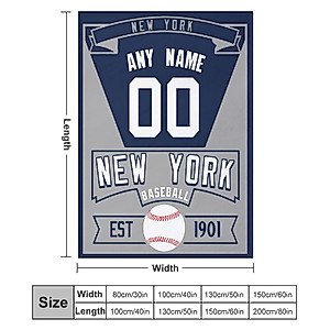 Custom Baseball City Throw Blanket New York Personalized Name Number for Men Women Youth Kids Oversized Soft Flannel Blanket Decorative for Bedroom Living Room