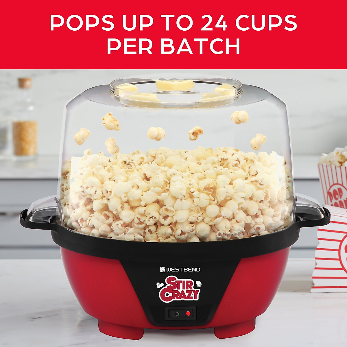 West Bend Stir Crazy Popcorn Machine Electric Hot Oil Popper Includes Large Lid for Serving Bowl and Convenient Nesting Storage, 6-Quart, Red