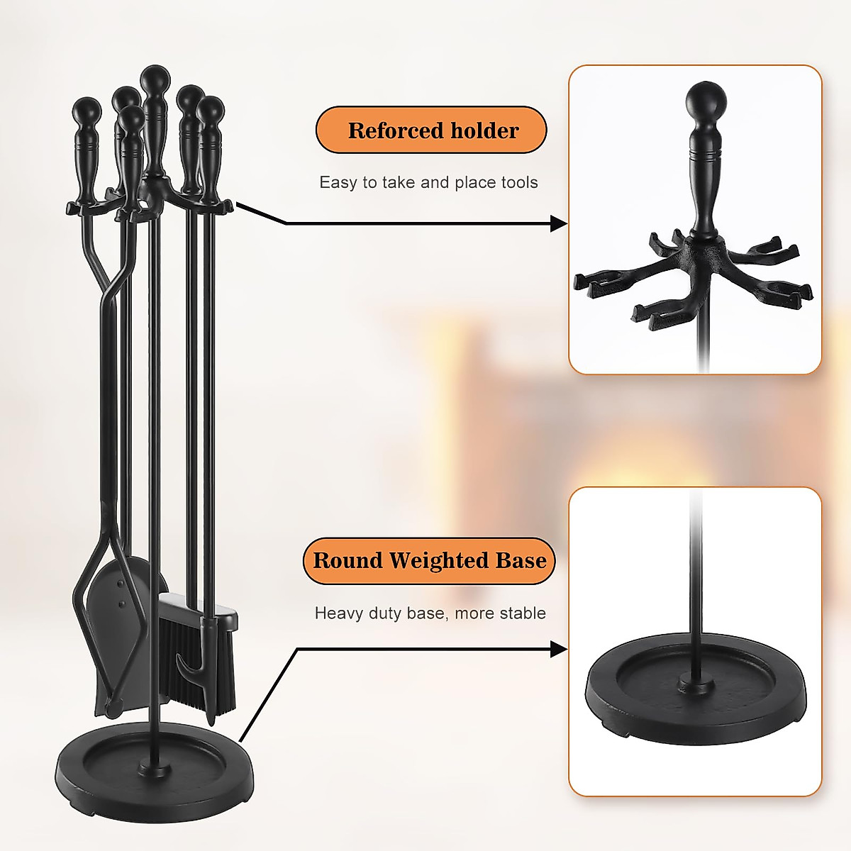 Gtongoko Fireplace Tools Set 5 Pcs 30.5 Inch Black Wrought Iron Large Fire Place Tool Set Indoor/Outdoor Include Poker, Shovel, Brush, Tong and Round Stand, Fireplace Kit Accessories Set