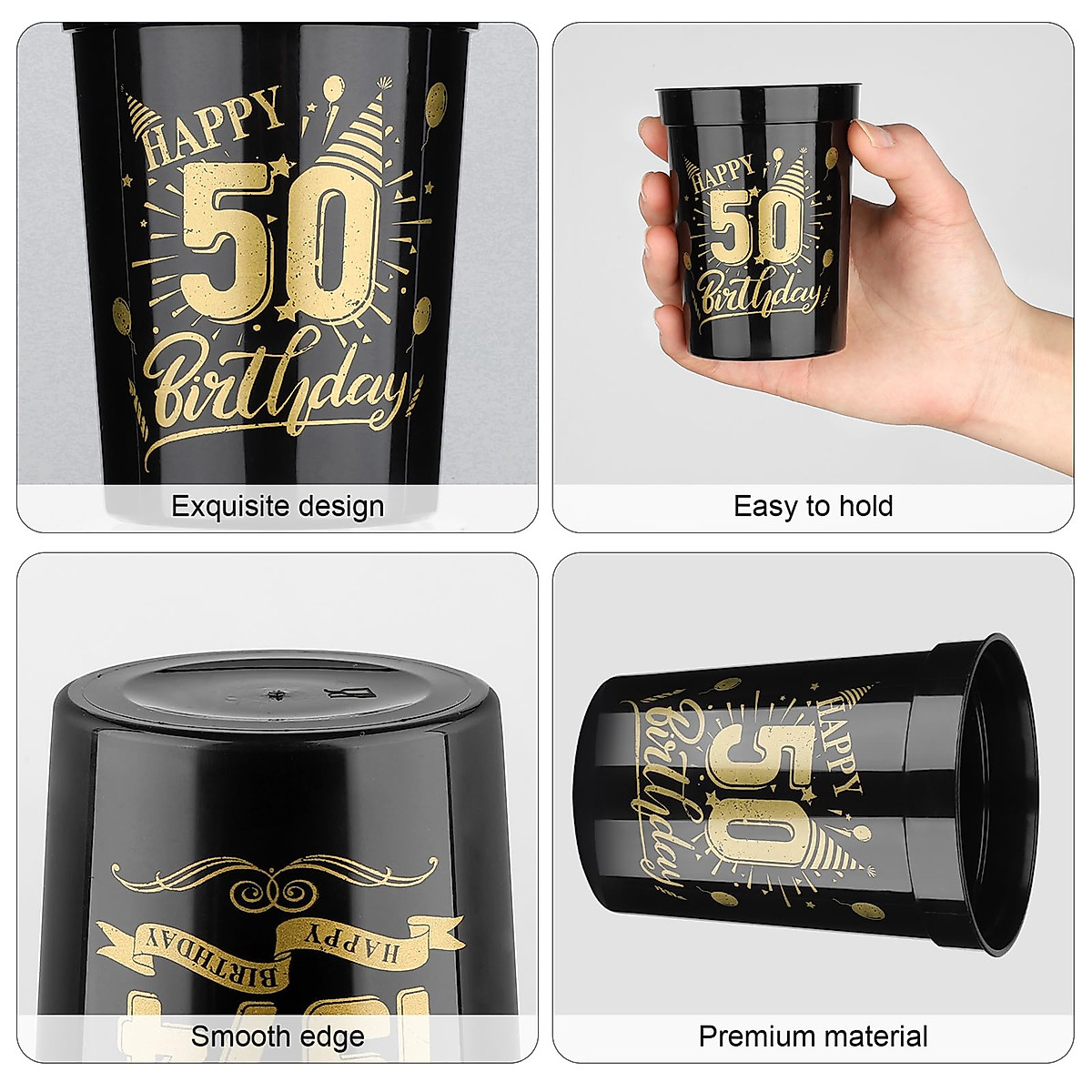 Shojoy 40 Pack Happy 50 Birthday Party Cups Black and Gold Birthday Stadium Cups 8 Ounces Reusable Plastic Tumblers for Birthday Anniversary Party Supplies Decors