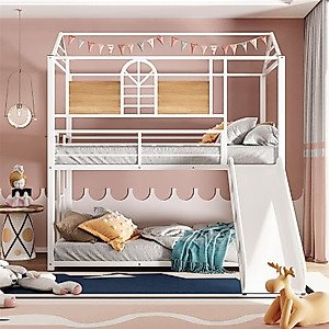 Harper & Bright Designs Bunk Bed with Slide, House Bunk Beds Metal Frame Twin Over Twin Bunk Bed for Kids Toddlers Girls Boys, White