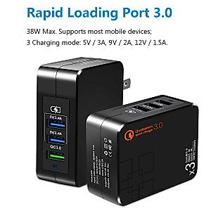 Fast Charge 3.0 USB Wall Charger (3A Max.) with Dual 5V/2.4A USB Ports (Total 4A), Portable 38W QC3.0 USB Charger Power Adapter with Foldable Plug for iPhone XS/Max/XR/X/8/7/6s/Plus, iPad Pro-Black.