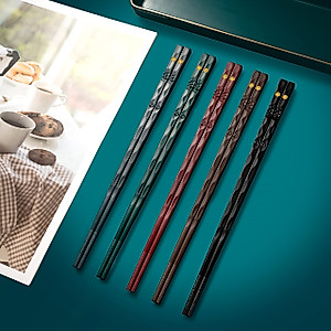 HELERKOL 5 Pairs Fiberglass Multicolor Dark Color Chopsticks Carved Gold Glitter Patch Chopsticks Reusable Non-Slip Lightweight Chinese Japanese Korean Chopsticks Dishwasher Safe, 9.6 Inch long