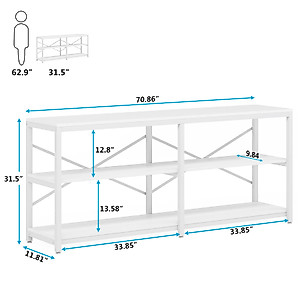 Tribesigns 70.9 Inch Extra Long Console Table, Modern Sofa Table Behind Couch Table with Storage Shelves, 3-Tier Industrial Hallway Entryway Table for Living Room, 3 Shelf Bookshelf(White)