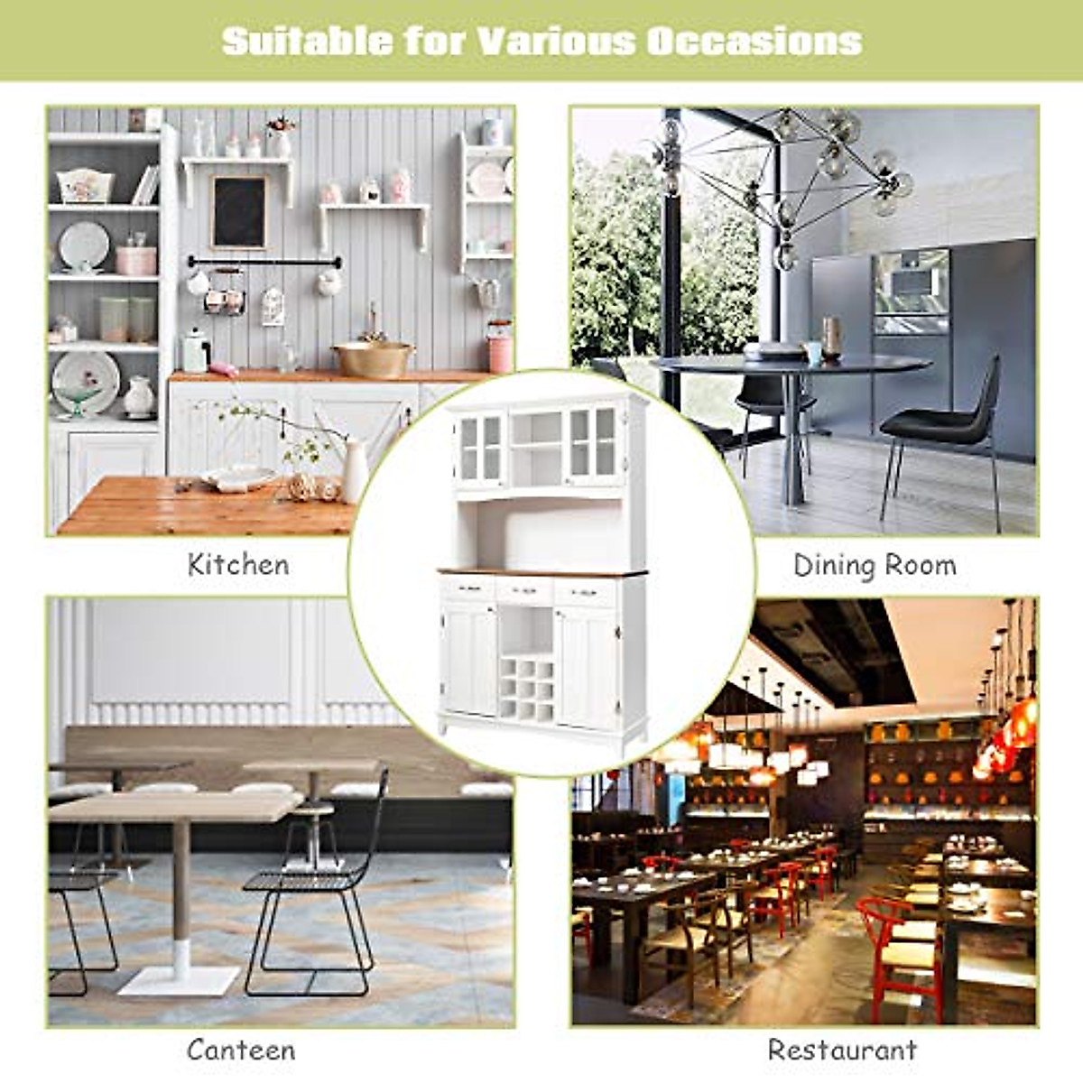 Giantex Buffet Hutch Cabinet, Kitchen Hutch Sideboard, Buffet Cabinet on Storage Island, Wood Kitchenware Server with 3 Large Drawers and 9 Wine Bottle Modulars (White)