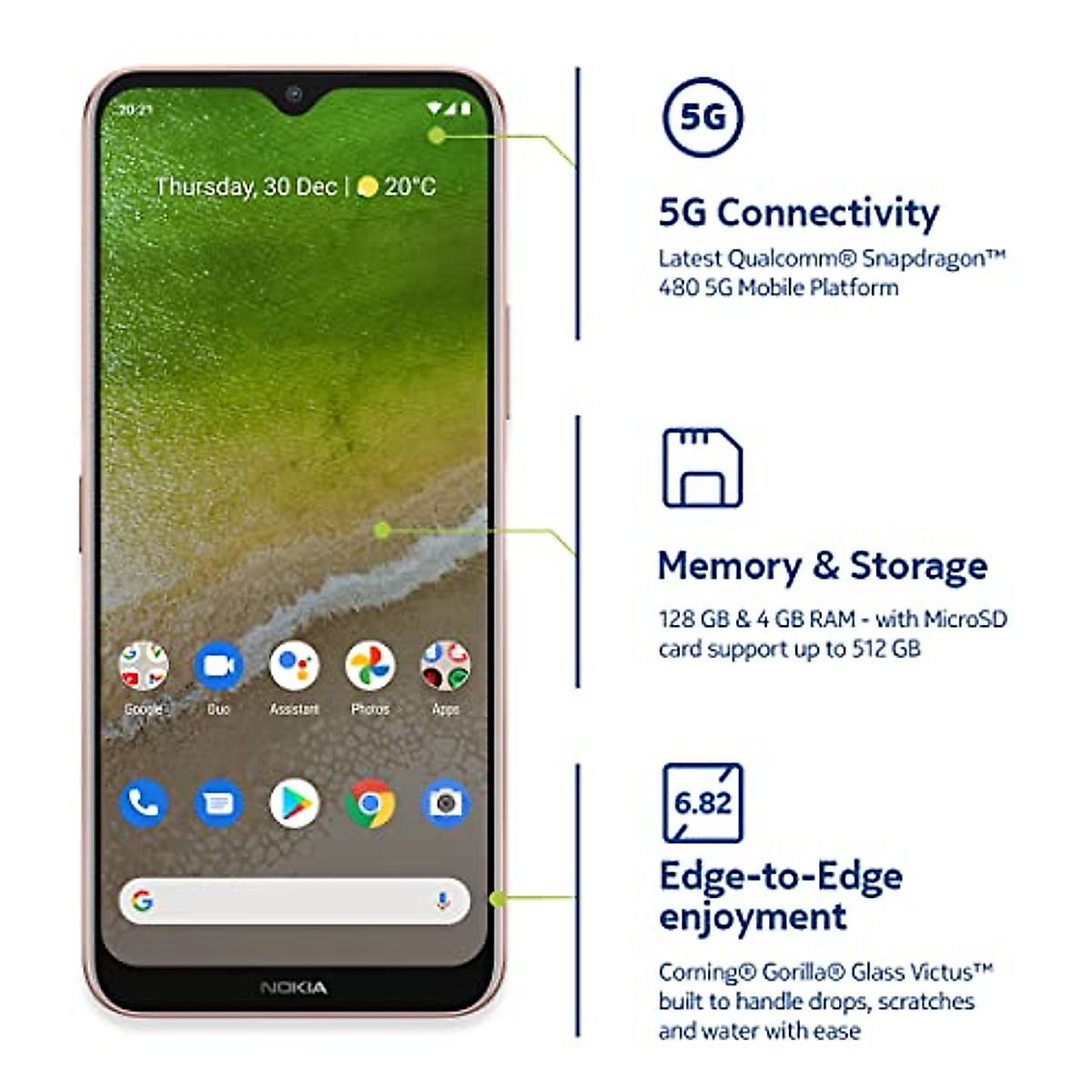 Nokia G50 5G | Android 11 | Unlocked Smartphone | US Version | 4/128GB | 6.82-Inch Screen | 48MP Triple Camera | Sand