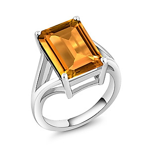 Gem Stone King 925 Sterling Silver Yellow Citrine Solitaire Engagement Ring For Women (8.20 Cttw, Emerald Cut 14X10MM, Gemstone Birthstone, Available 5,6,7,8,9) (Size 6)
