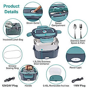 Samshow Electric Heating Lunch Box Food Heater/Warmer Portable Heated Lunch Boxes for Car truck and Home Work Adults Electric Lunch Box - Leak Proof, 1.5L Removable 304 Stainless Steel Container