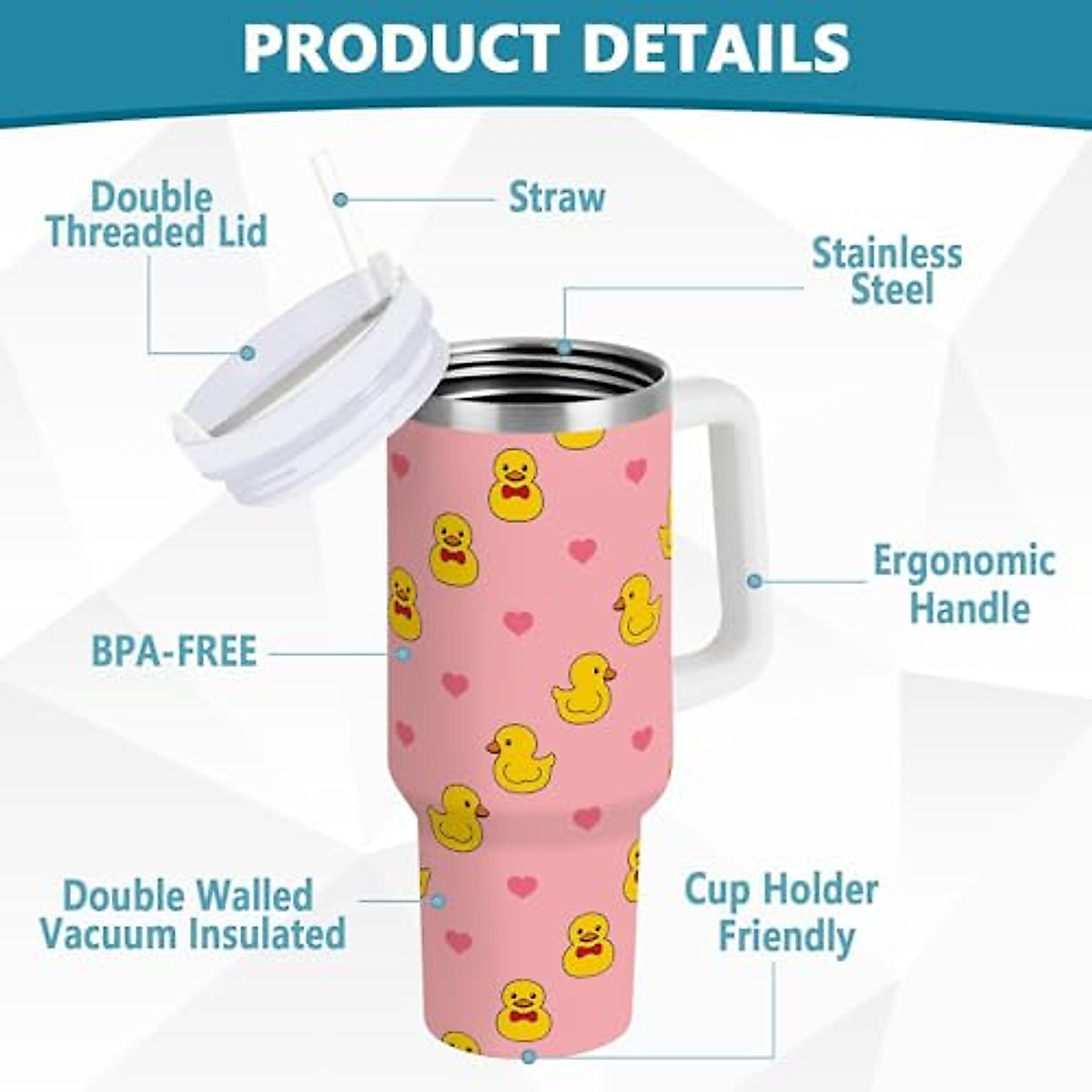 Caikeny Insulated Tumblers with Lid and Straw Ducks Hearts 30 oz Reusable Stainless Steel Cup Yellow Water Bottle Coffee Travel Tumbler Mug for Women Men